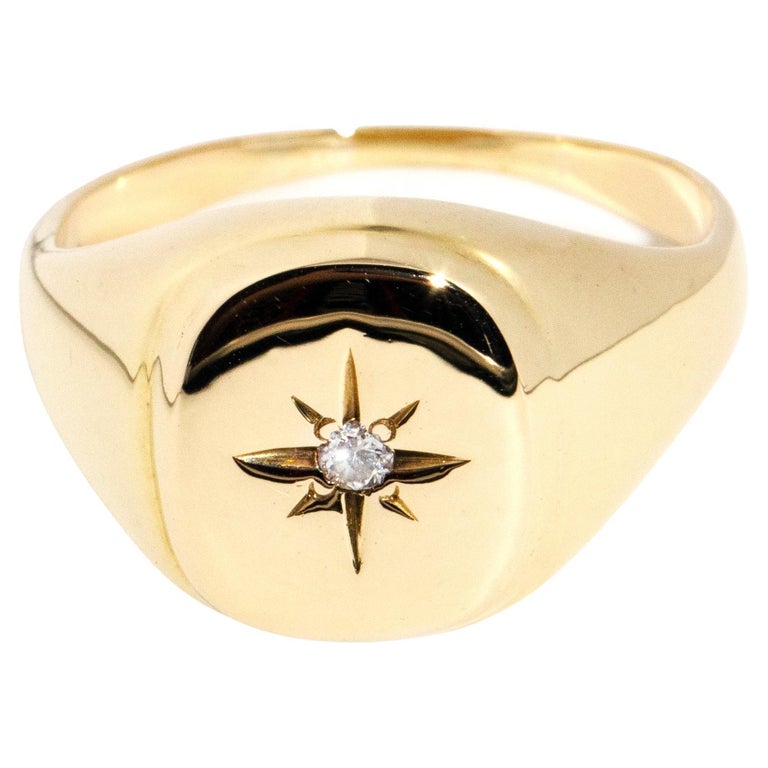 Vintage Circa 1970s 9 Carat Yellow Gold Star Set Diamond Signet Ring ...