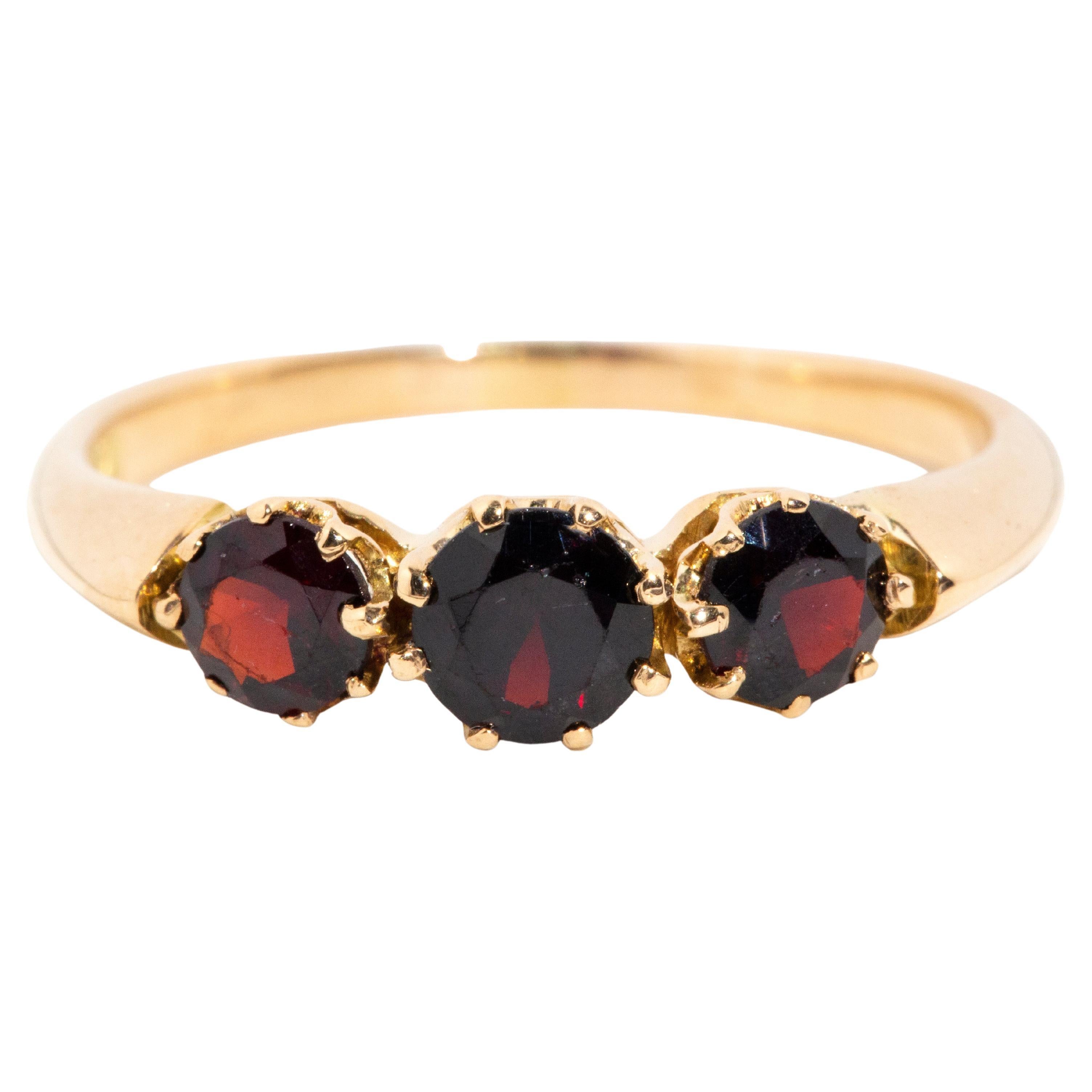 Vintage Circa 1970s Red Brown Round Garnet Three Stone Ring 18 Carat ...