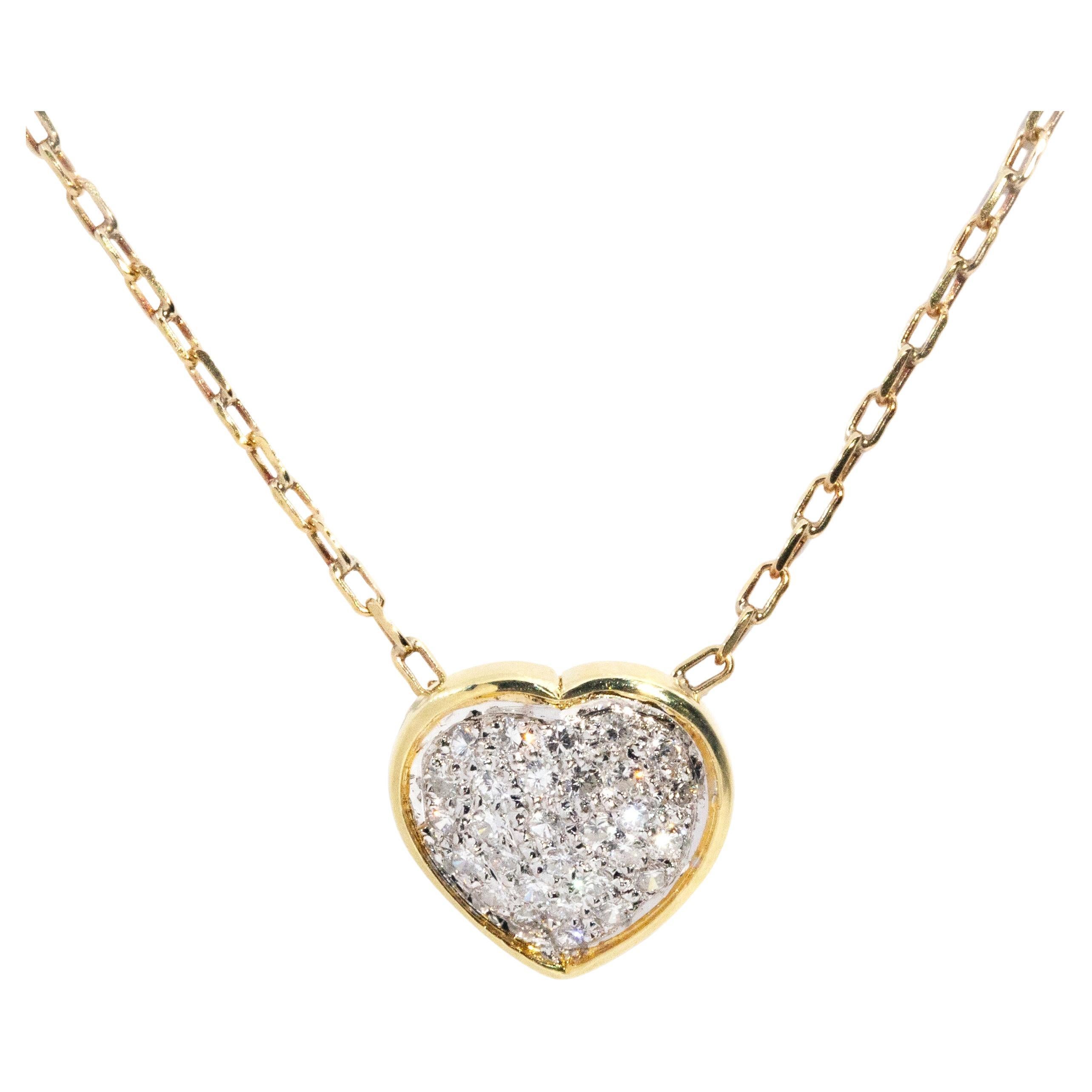 Vintage circa 1980s 14 Carat Yellow Gold Diamond Heart Cluster Pendant ...