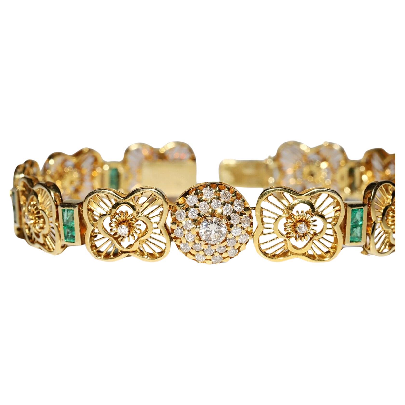 Vintage Circa 1980s 14k Gold Natural Diamond And Emerald Bracelet For ...