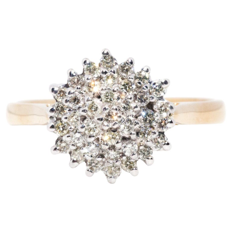 Vintage circa 1980s 9 Carat Yellow Gold Round Brilliant Diamond Cluster ...