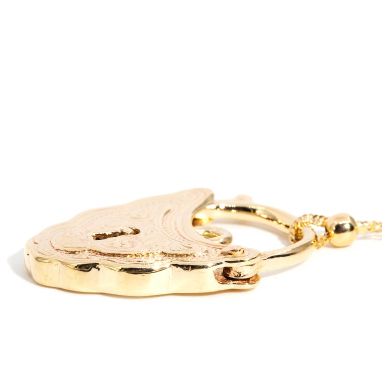 Vintage circa 1980s 9ct Yellow Gold Shield Padlock Pendant and Twisted Bead Chain For Sale at ...