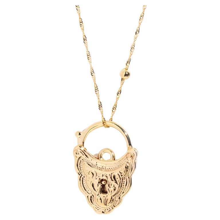 Vintage circa 1980s 9ct Yellow Gold Shield Padlock Pendant and Twisted Bead Chain For Sale at ...