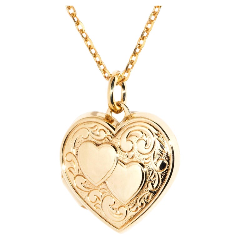 Vintage circa 1980s Double Heart Patterned Locket and Chain 9 Carat ...
