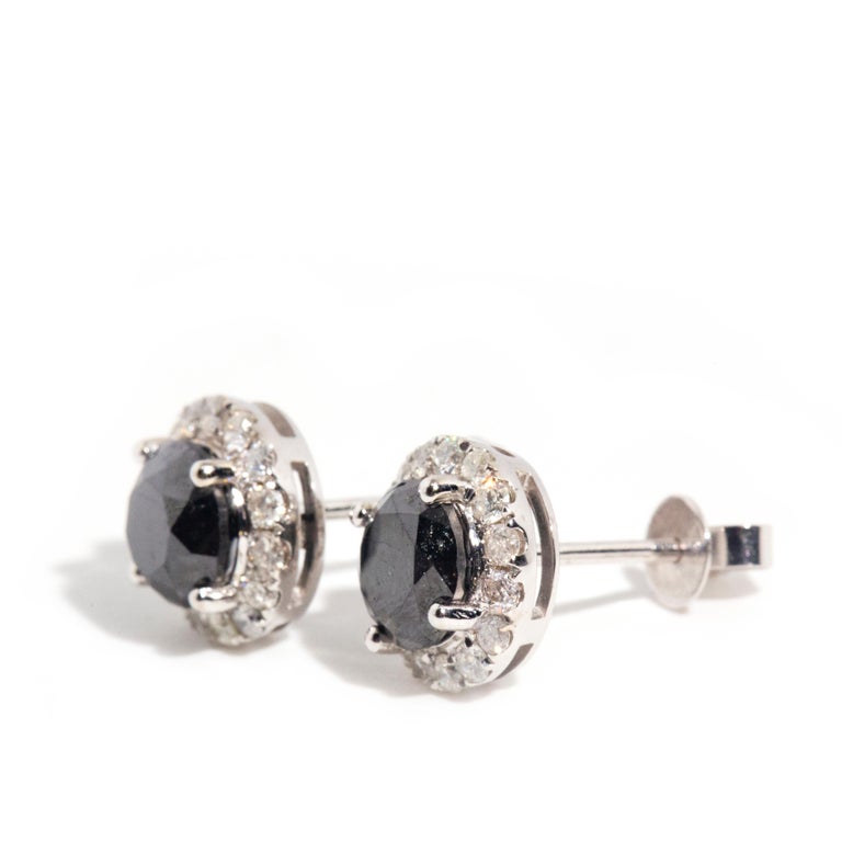 Vintage Circa 1990s 14 Carat White Gold Black Diamond Halo Stud Style ...