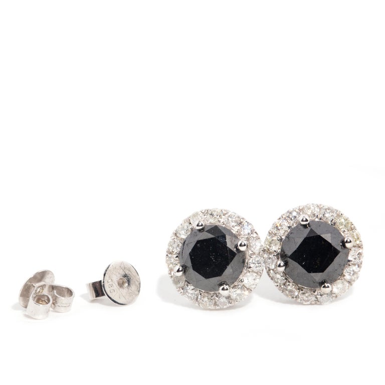 Vintage Circa 1990s 14 Carat White Gold Black Diamond Halo Stud Style ...