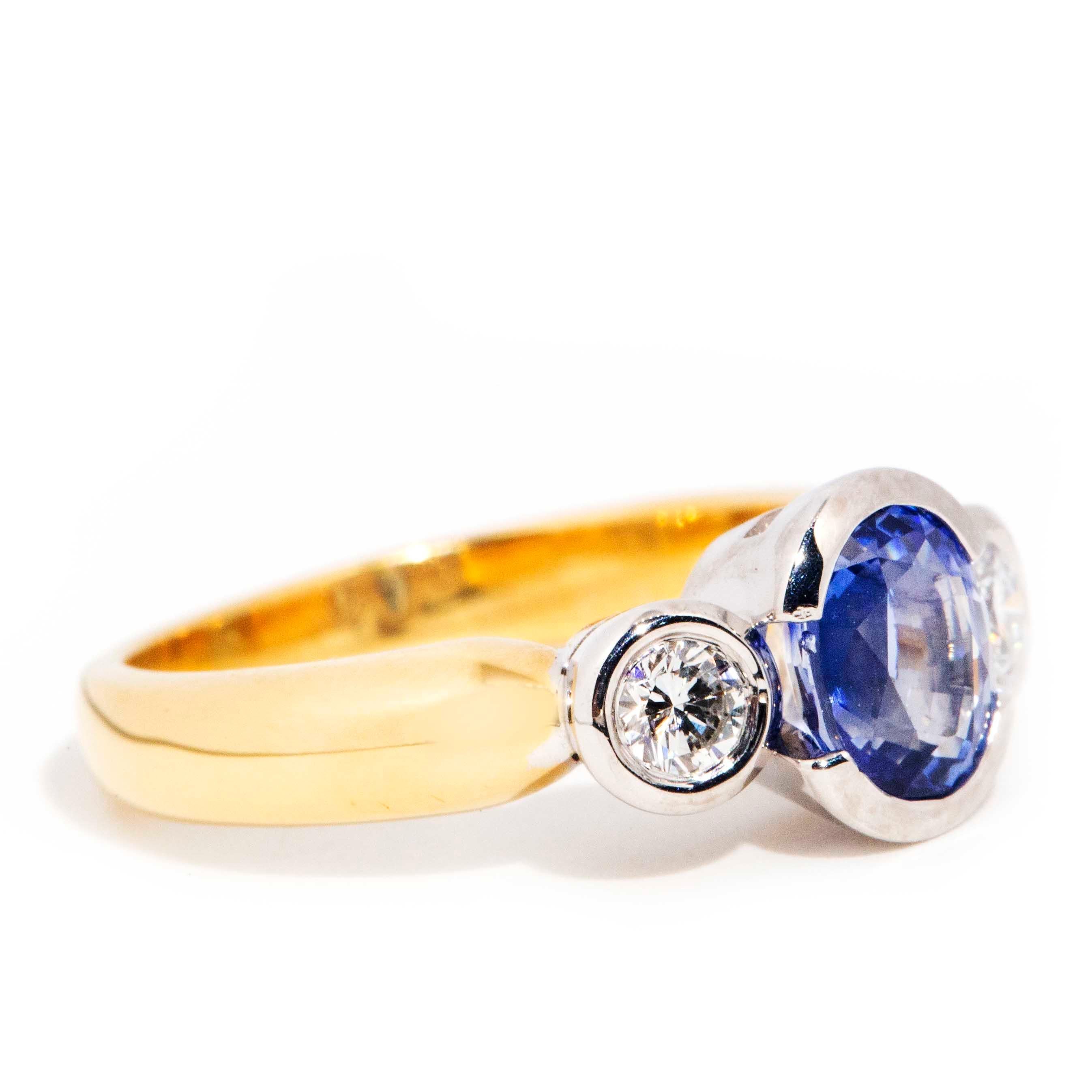Vintage Circa 1990s 18 Carat Gold Oval Sapphire and Diamond Three Stone ...