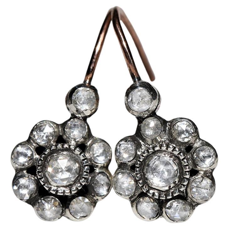 Vintage Circa 1960s 8k Gold Natural Rose Cut Diamond Decorated Earring For Sale at 1stDibs