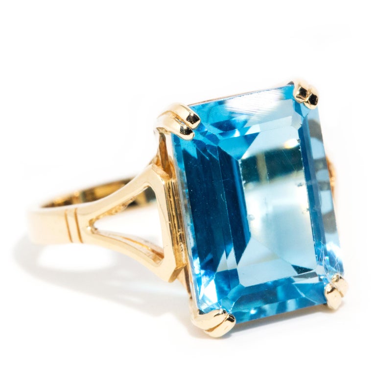 Vintage circa 1990s Emerald Cut Bright Blue Topaz Split Ring 9 Carat ...