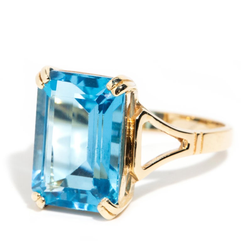 Vintage circa 1990s Emerald Cut Bright Blue Topaz Split Ring 9 Carat ...