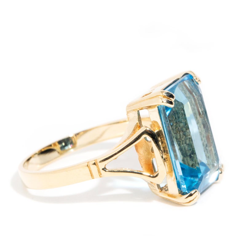 Vintage circa 1990s Emerald Cut Bright Blue Topaz Split Ring 9 Carat ...