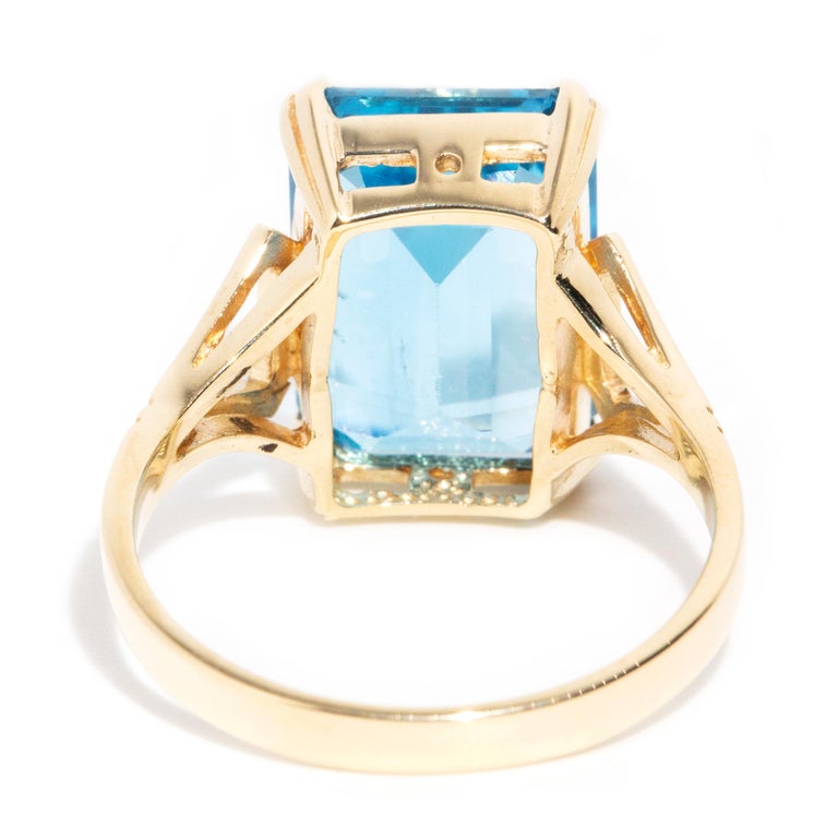 Vintage circa 1990s Emerald Cut Bright Blue Topaz Split Ring 9 Carat ...