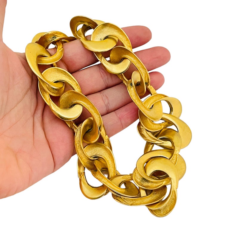 Vintage CLARA STUDIO matte gold chain logo designer runway necklace For ...