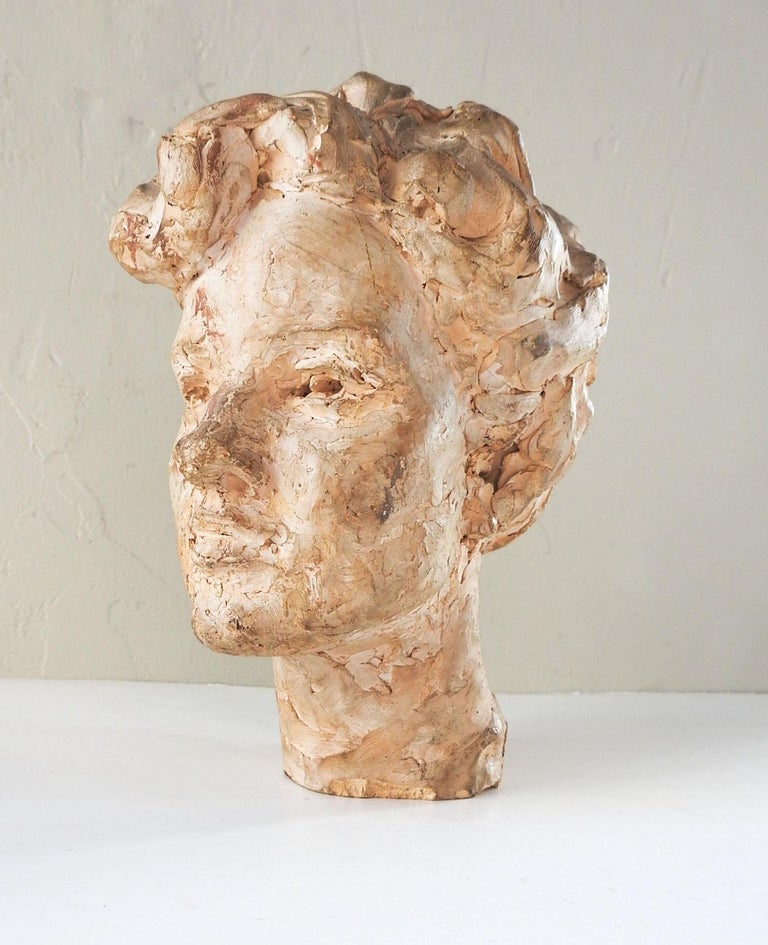 Vintage Clay Head Bust of Young Man Sculpture For Sale at 1stDibs