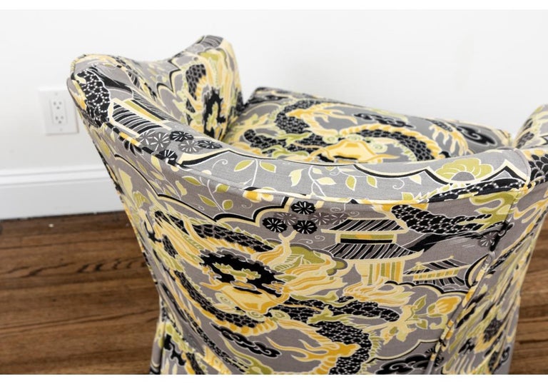 Vintage Club Chair Slip-Covered In An Asian Print For Sale at 1stDibs