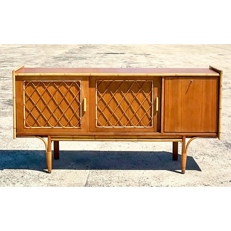 Vintage Coastal 1960s French Trellis Cane Credenza For Sale at 1stDibs