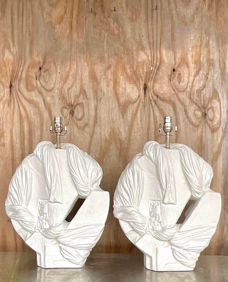 Vintage Coastal Abstract Knot Plaster Lamps, a Pair For Sale at 1stDibs