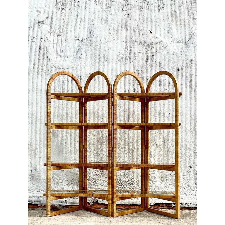 Vintage Coastal Arched Folding Rattan Etagere For Sale at 1stDibs