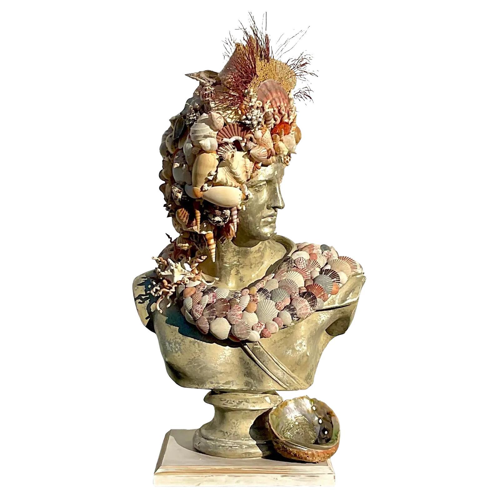 Vintage Coastal Artisan Shell Plaster Bust For Sale at 1stDibs