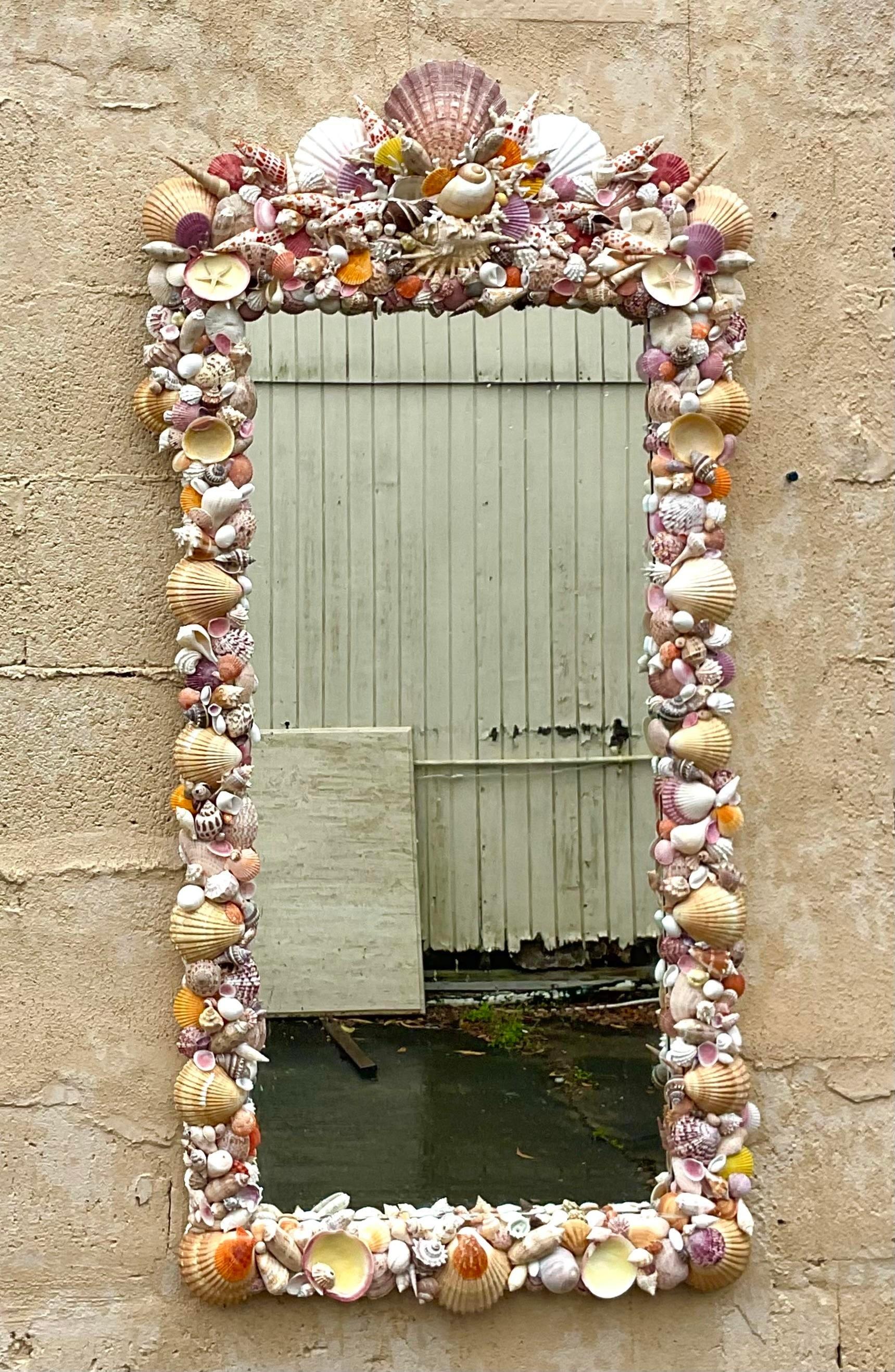 Vintage Coastal Artisan Shell Mirror For Sale at 1stDibs