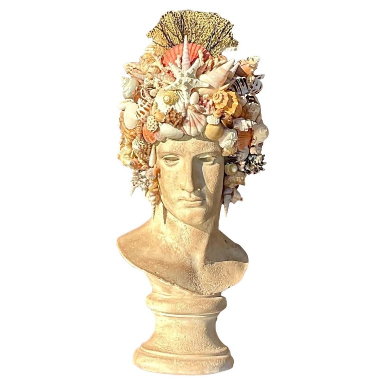 Vintage Coastal Artisan Shell Plaster Bust For Sale at 1stDibs