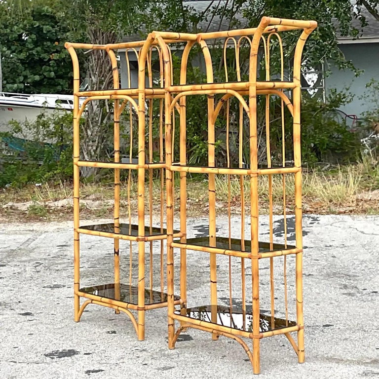 Vintage Coastal Bamboo Etagere, a Pair For Sale at 1stDibs