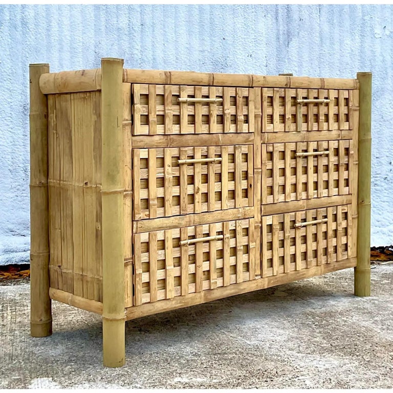 Vintage Coastal Bamboo Six Drawer Dresser For Sale at 1stDibs