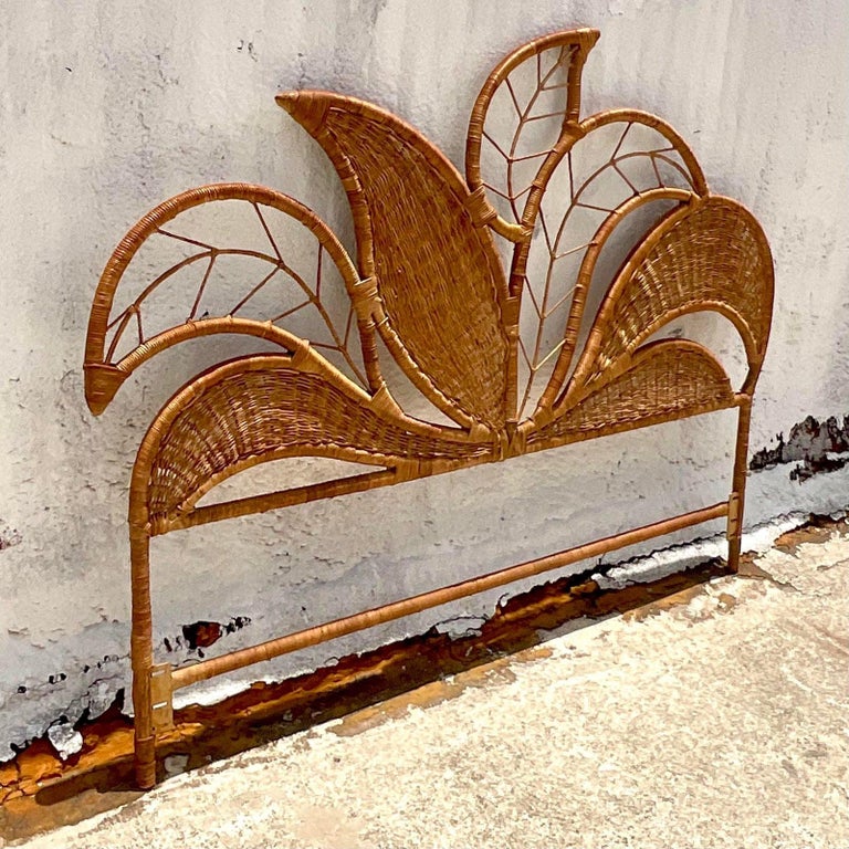 Vintage Coastal Banana Leaves Wrapped Rattan Queen Headboard For Sale ...