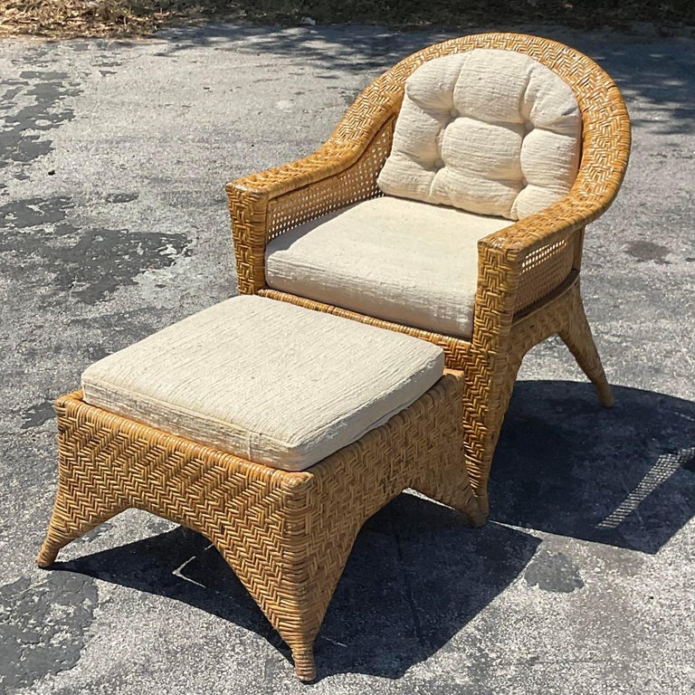 Vintage Coastal Basket Weave Lounge Chair and Ottoman For Sale at 1stDibs