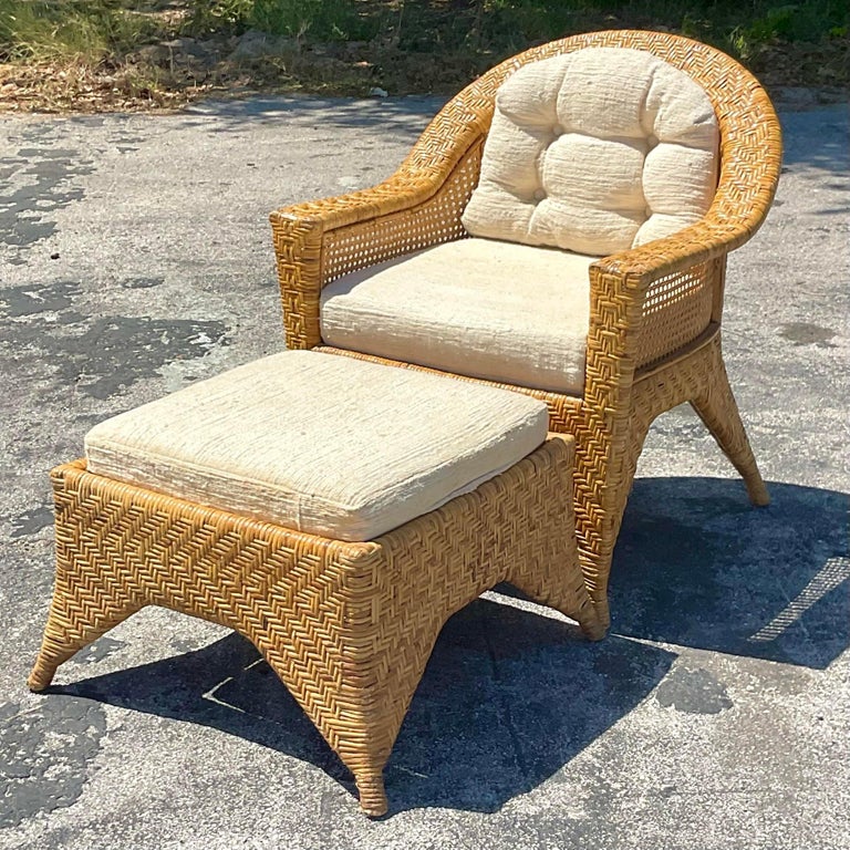 Vintage Coastal Basket Weave Lounge Chair and Ottoman For Sale at 1stDibs