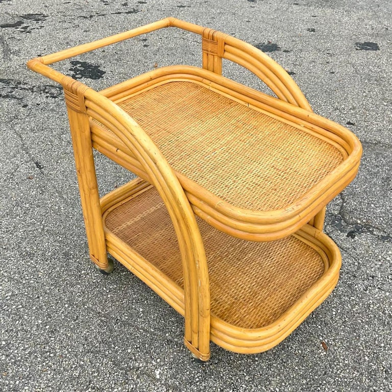Vintage Coastal Bent Rattan Bar Cart For Sale at 1stDibs