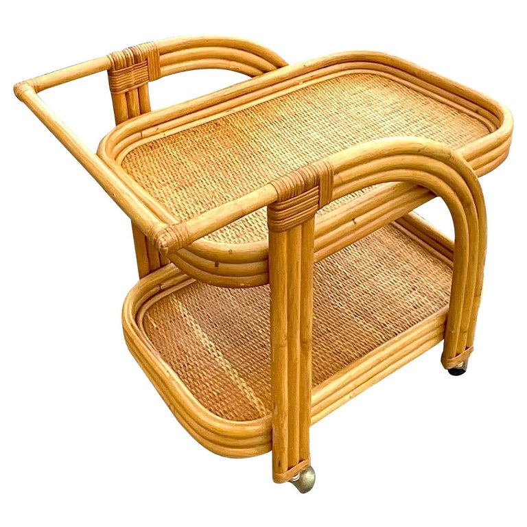 Vintage Coastal Bent Rattan Bar Cart For Sale at 1stDibs
