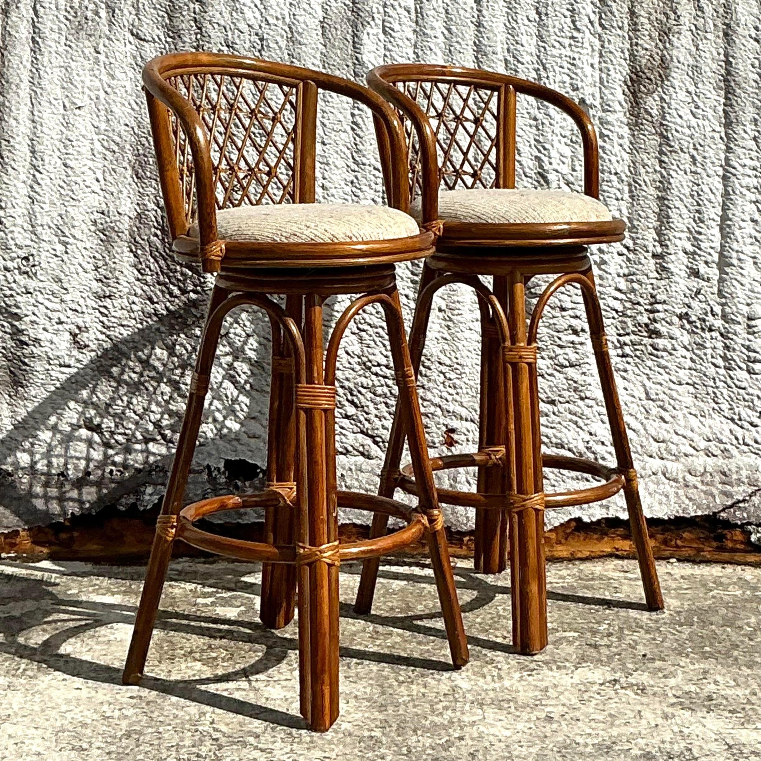 Vintage Coastal Bent Rattan Bar Stools For Sale at 1stDibs