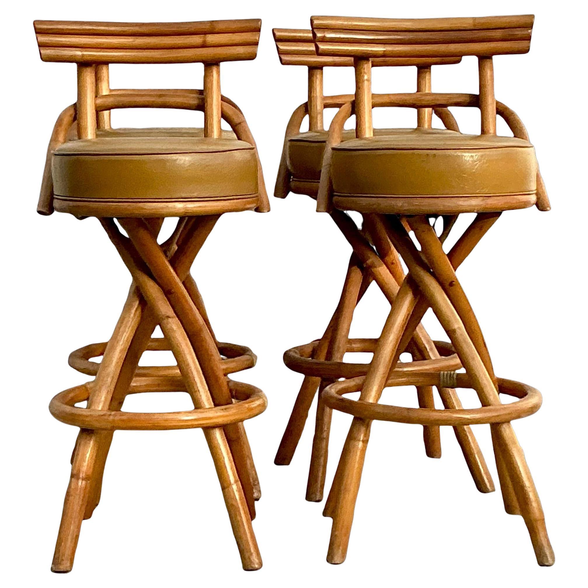 Vintage Coastal Woven Rattan Bar Stools - Set of 5 For Sale at 1stDibs