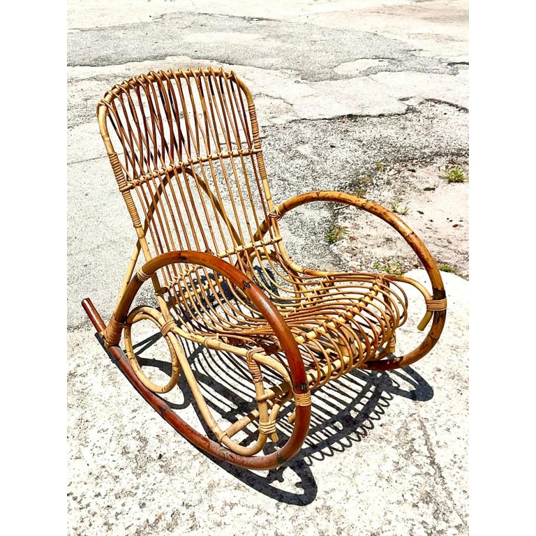 Vintage Coastal Bent Rattan Rocker For Sale at 1stDibs