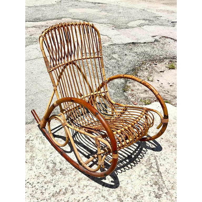 Vintage Coastal Bent Rattan Rocker For Sale at 1stDibs