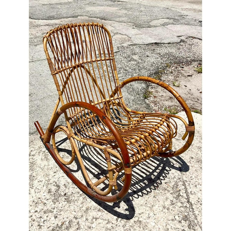 Vintage Coastal Bent Rattan Rocker For Sale at 1stDibs
