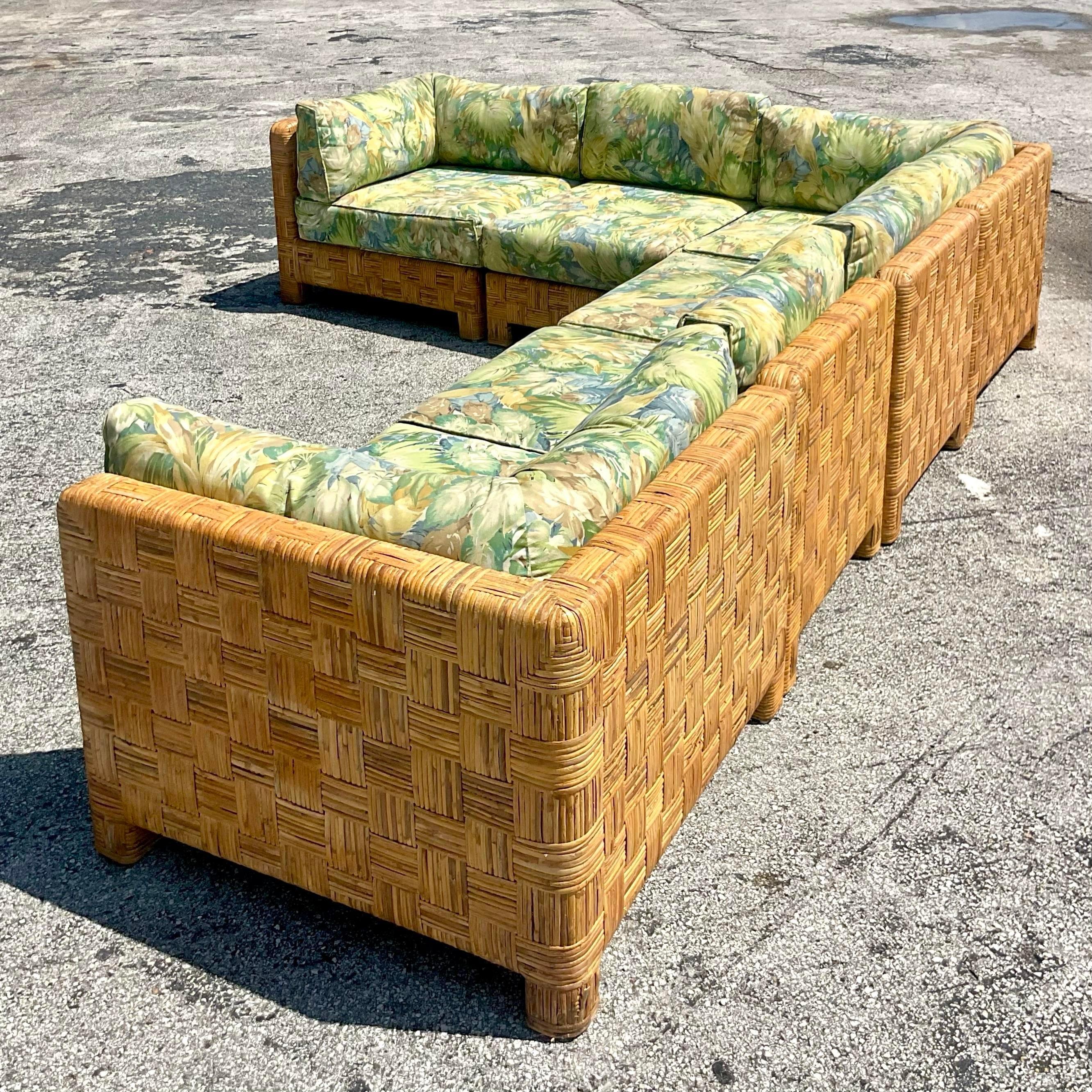 Vintage Coastal Block Weave Rattan Sectional After Donghia at 1stDibs