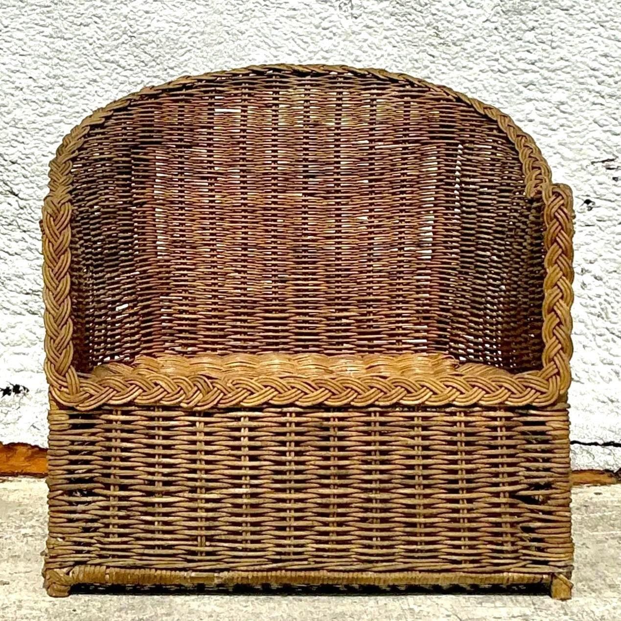 Vintage Coastal Braided Rattan Lounge Chair For Sale at 1stDibs