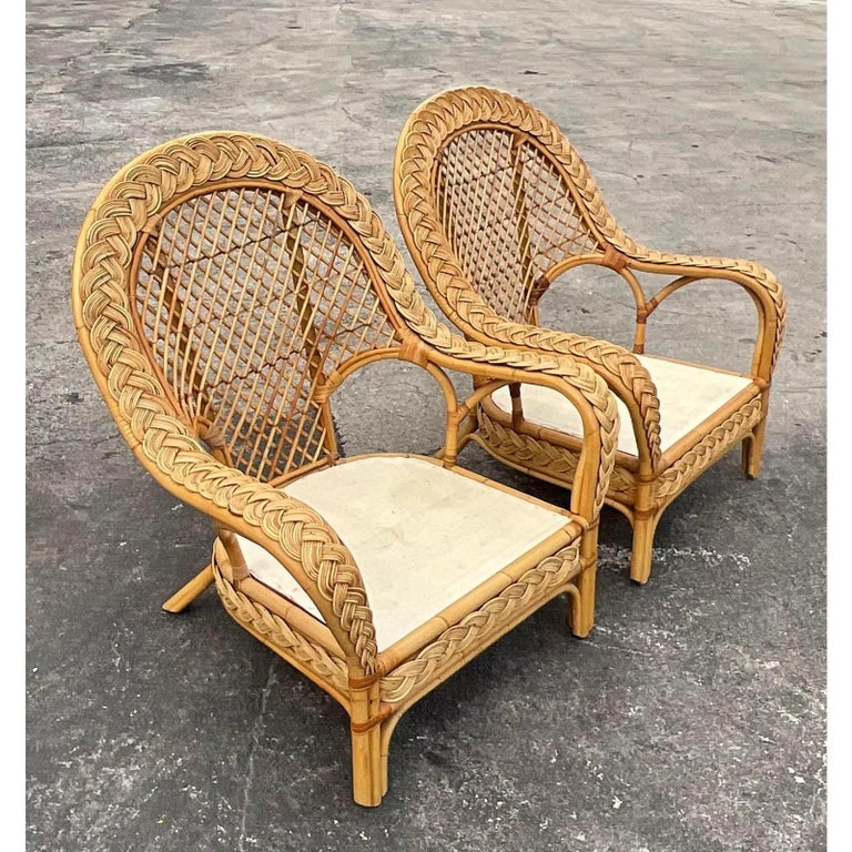Vintage Coastal Braided Rattan Paddle Back Lounge Chairs - a Pair at ...
