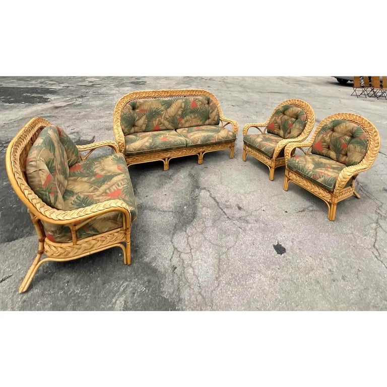Vintage Coastal Braided Rattan Paddle Back Lounge Chairs - a Pair at ...