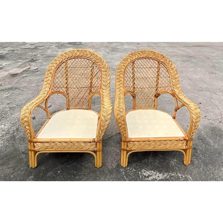 Vintage Coastal Braided Rattan Paddle Back Lounge Chairs - a Pair at ...