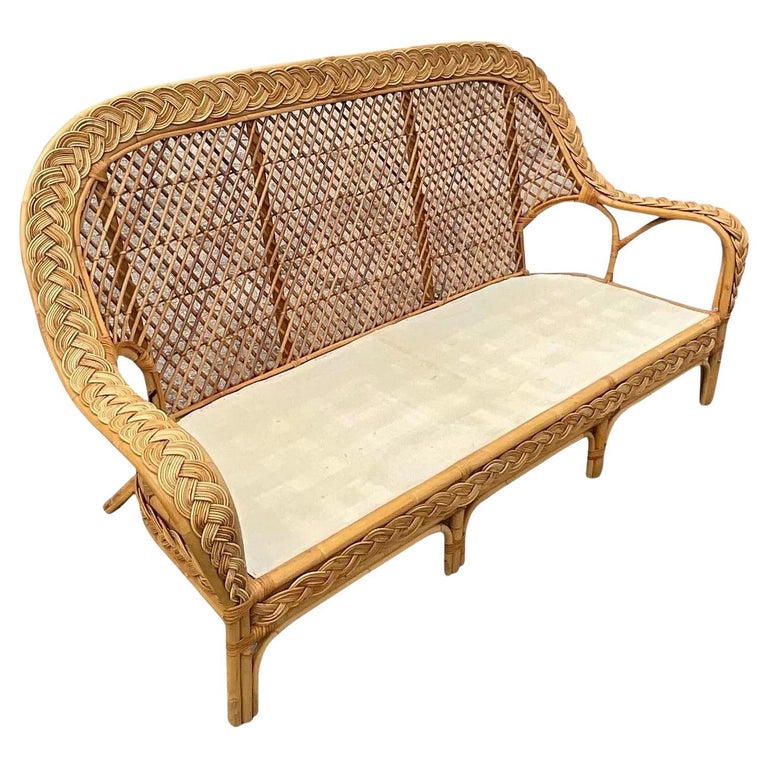 Vintage Coastal Braided Rattan Paddle Back Rattan Sofa at 1stDibs