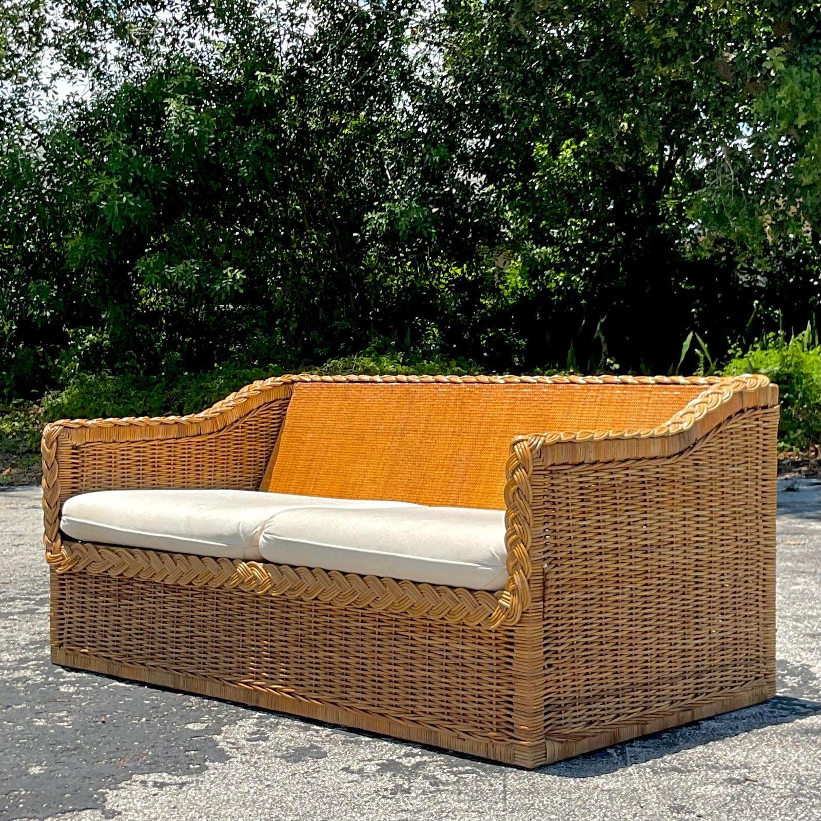 Vintage Coastal Braided Rattan Sofa For Sale at 1stDibs