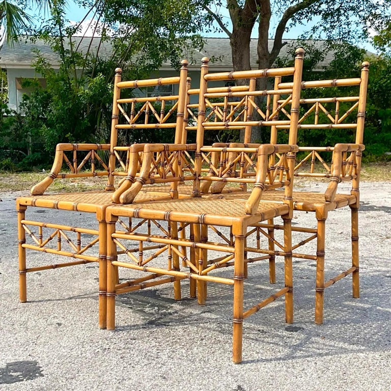Vintage Coastal Carved Bamboo Dining Chairs, Set of 4 For Sale at 1stDibs