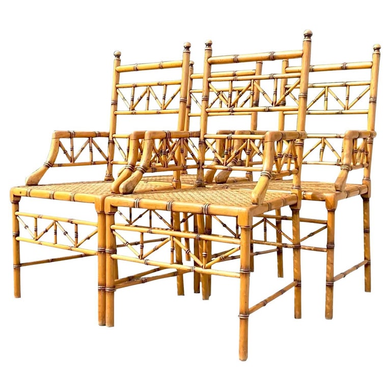 Vintage Coastal Carved Bamboo Dining Chairs, Set of 4 For Sale at 1stDibs