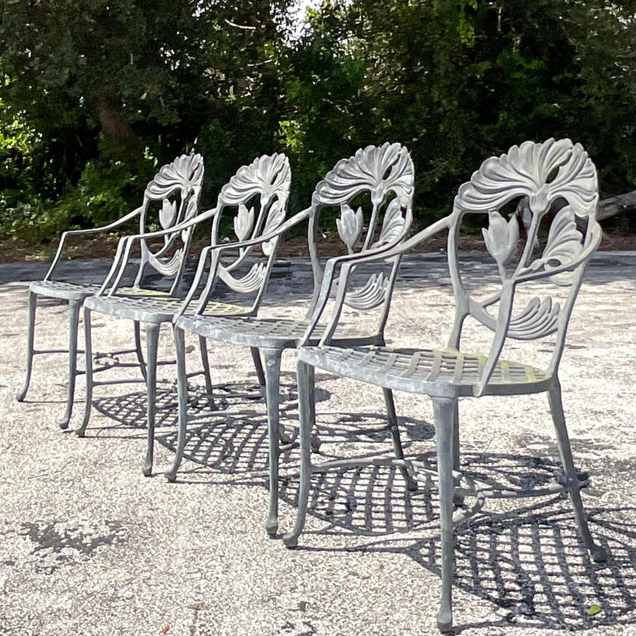 Vintage Coastal Cast Aluminum Lily Outdoor Dining Chairs - Set of 4 For ...