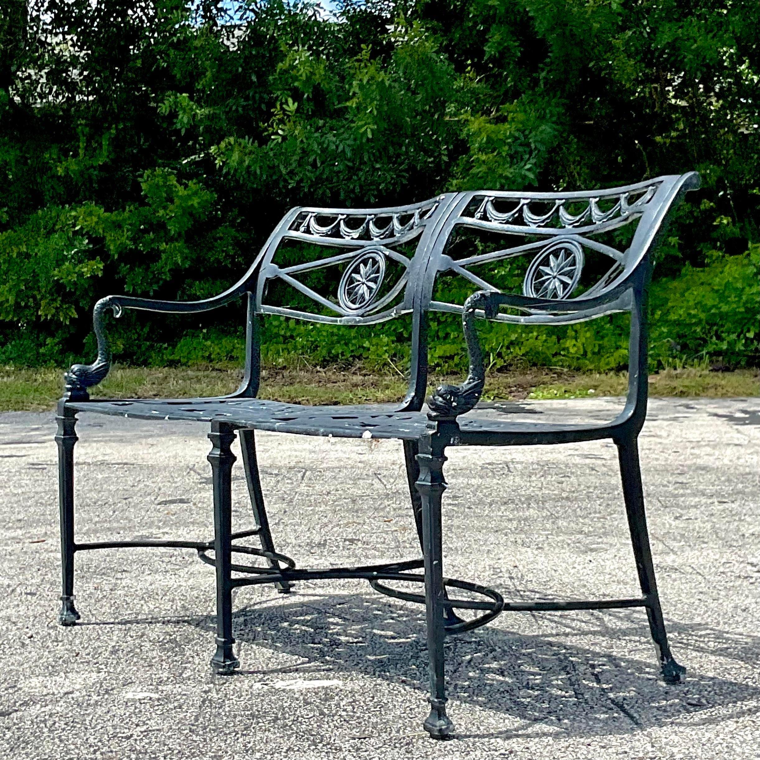 Vintage Coastal Cast Aluminum Outdoor Dolphin Bench For Sale at 1stDibs