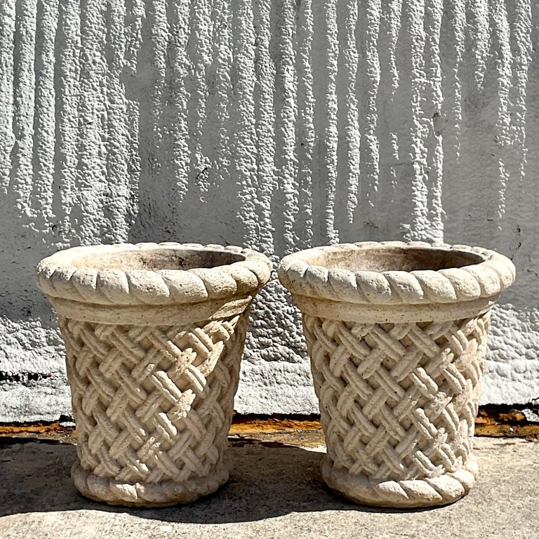 Vintage Coastal Cast Stone Trellis Planters - a Pair For Sale at 1stDibs
