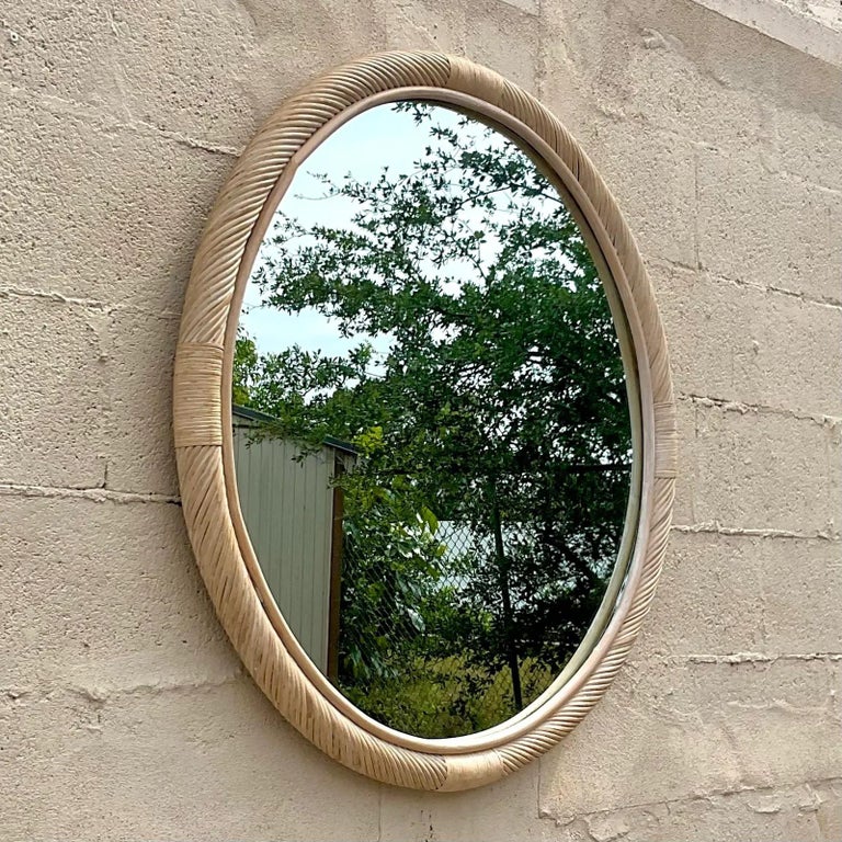 Vintage Coastal Cerused Twist Rattan Wall Mirror For Sale at 1stDibs